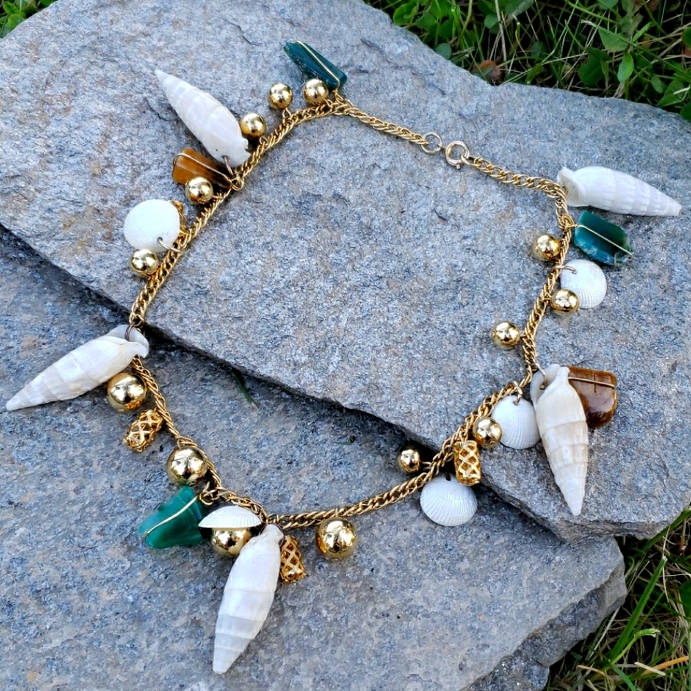 Vintage Loaded Sea Shore Jade Shell Gold Bead Chunky … - Gem